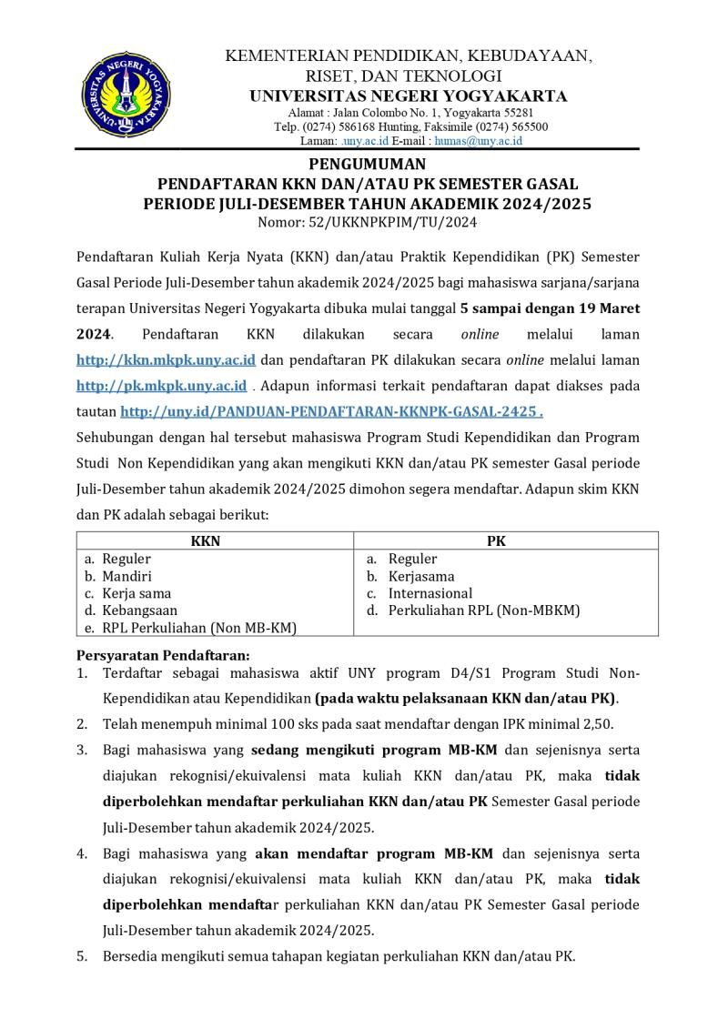 PENDAFTARAN KKN DAN/ATAU PK SEMESTER GASAL PERIODE JULI-DESEMBER 2024/2025 | Fakultas Ekonomi ...